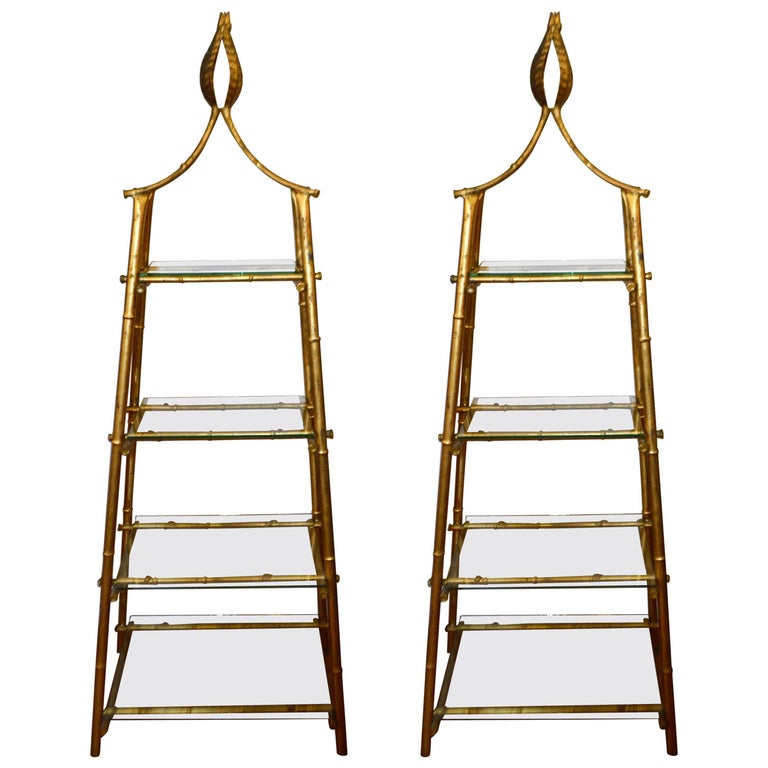 Pair of Gilded Bamboo Metal, Pyramid Shape Bookcases with Glass Shelves ...
