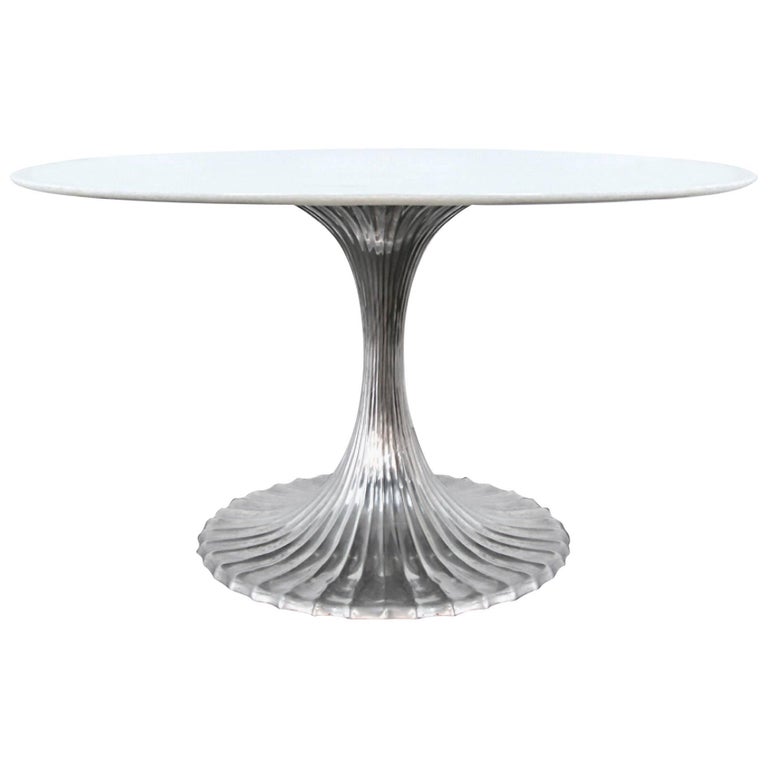 Rare Midcentury Round Table with Unique Fluted Silver Metal Base at 1stDibs