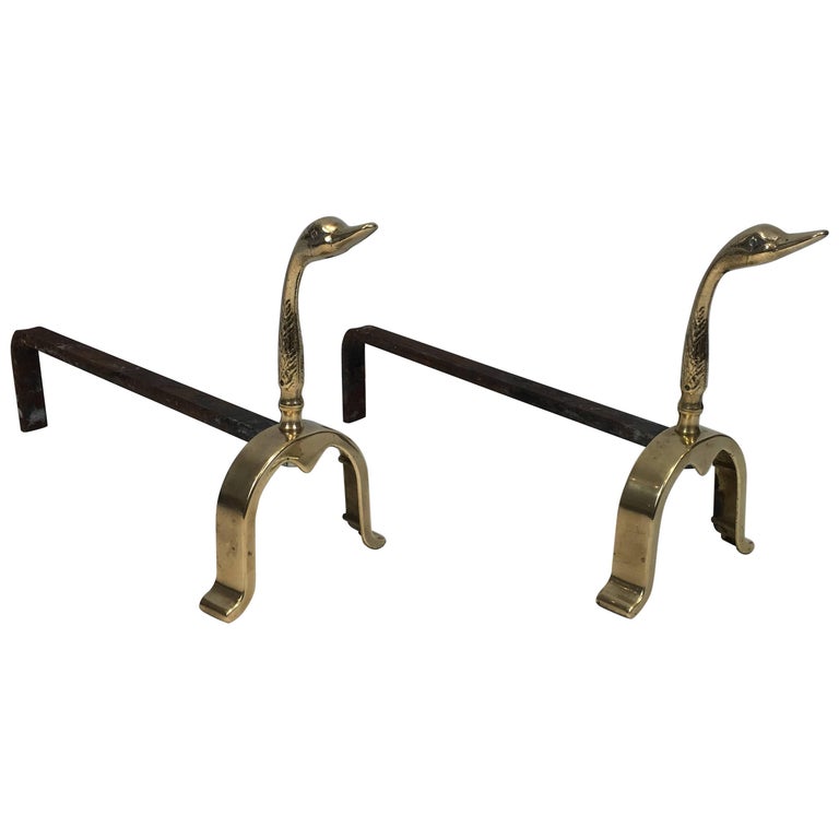 French 1940s Brass 'Mallard Duck' Form Andirons For Sale at 1stDibs