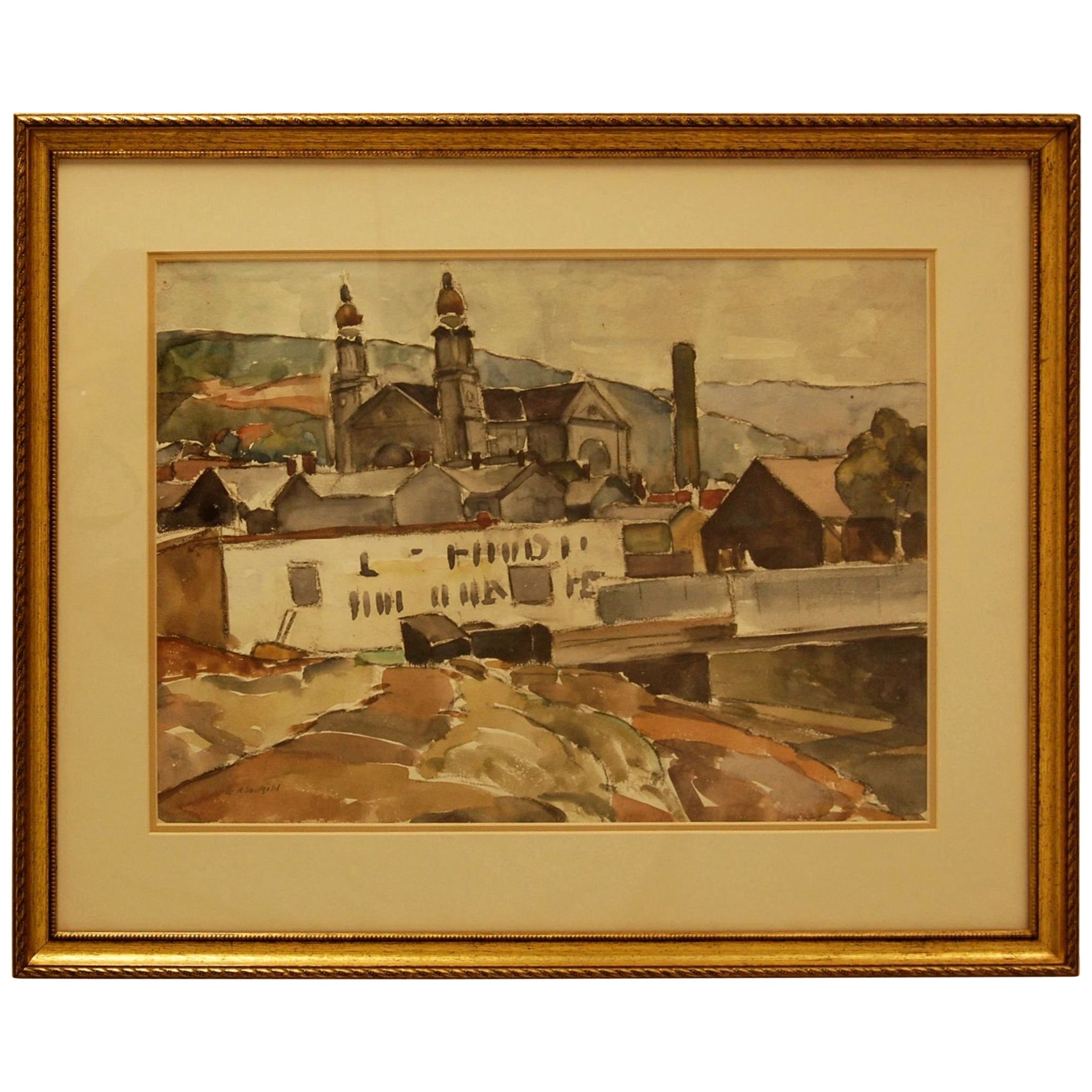Vintage Watercolor Landscape by Edward Wesson, Mid-20th Century For ...