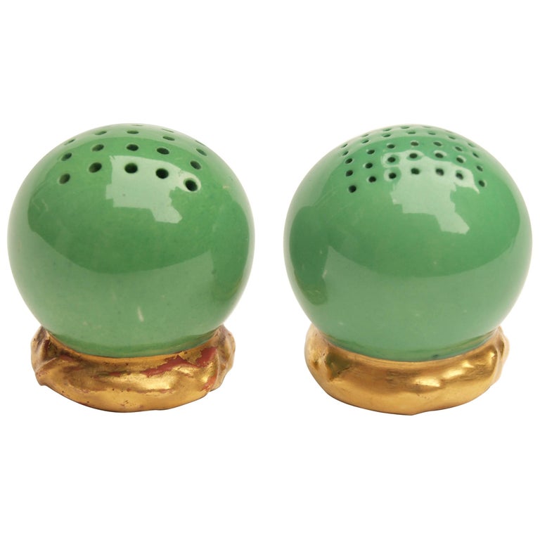 Pair of Green Ceramic, Gilded Royal Worcester Salt and Pepper Cruets ...