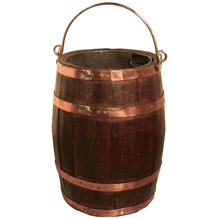 19th Century Copper and Oak Barrel Bucket for Coal or Logs at 1stDibs