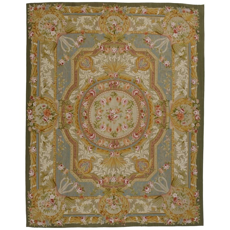 20th Century Green and Beige Silk Chinese Aubusson Rug, 2000 For Sale ...