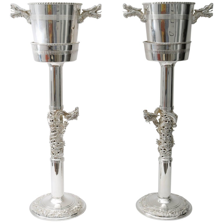 Pair of Silver Plated Art Deco Champagne Buckets with Stands at 1stDibs