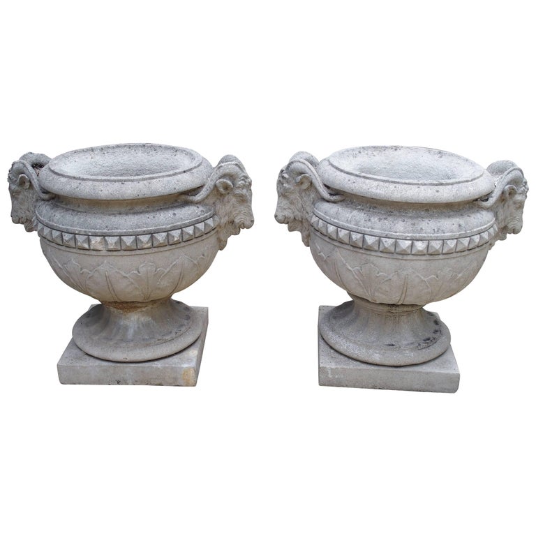 Pair of Cast Stone Ram's Heads Urns from France, circa 1960 at 1stDibs