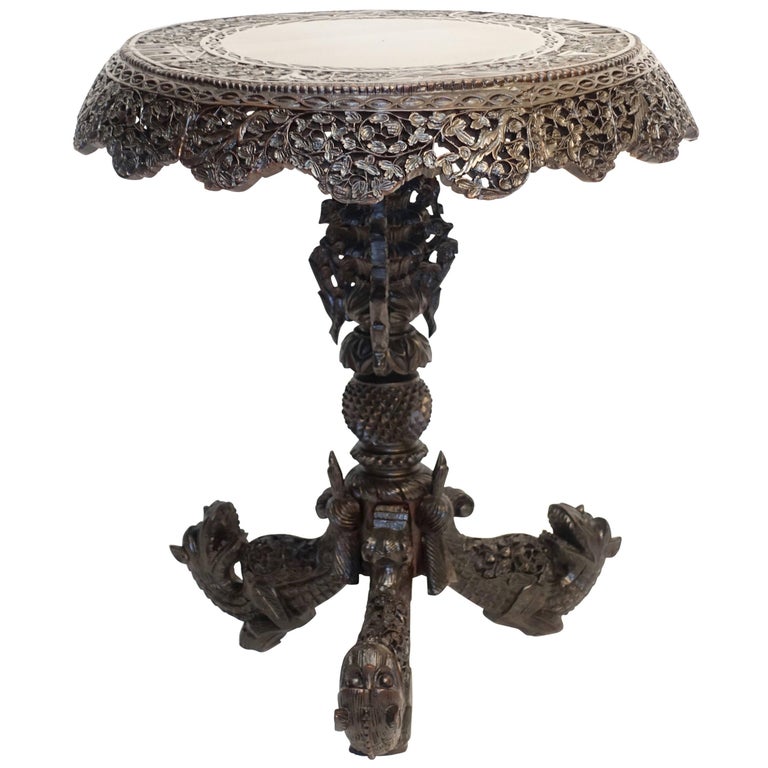 Anglo-Indian Round Carved Wood Side Table, 19th Century at 1stDibs