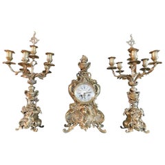 19th Century, French Brass Garniture Clock Set with Candelabras For ...