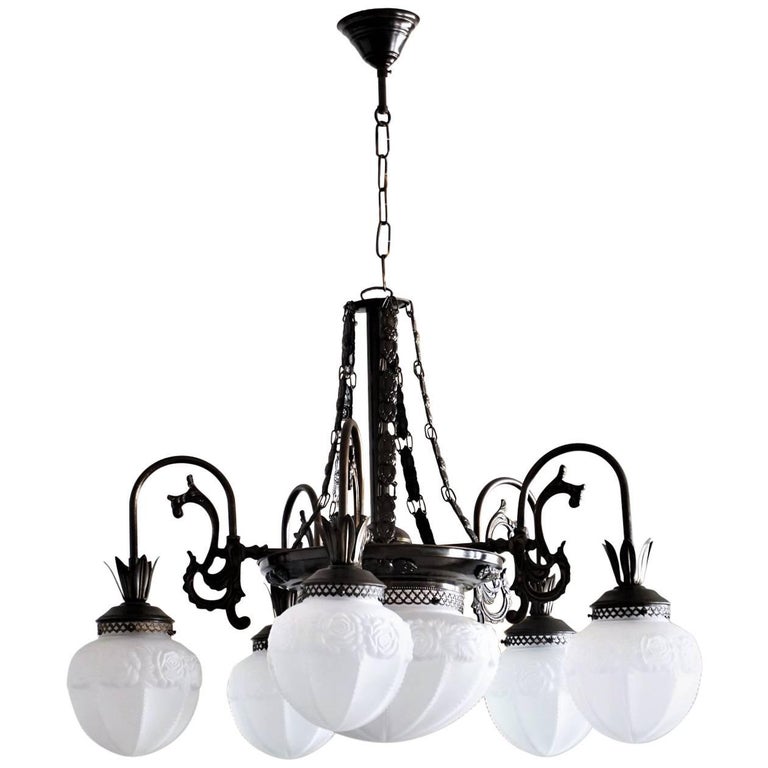 Mid-Century Large Brass Frosted Glass Seven-Light Chandelier Art ...