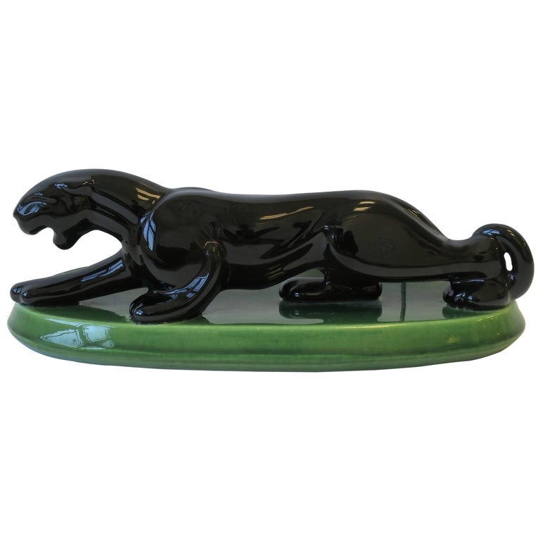 Art Deco Black Panther Cat Ceramic Sculpture at 1stDibs