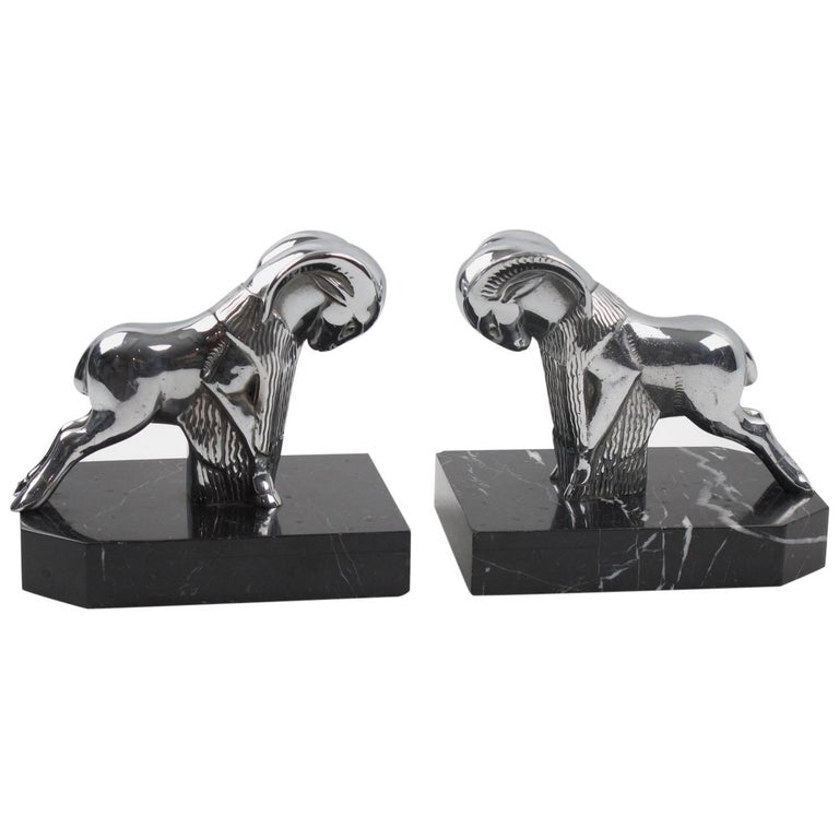 French Art Deco Chrome and Marble Ram Figural Bookends at 1stDibs