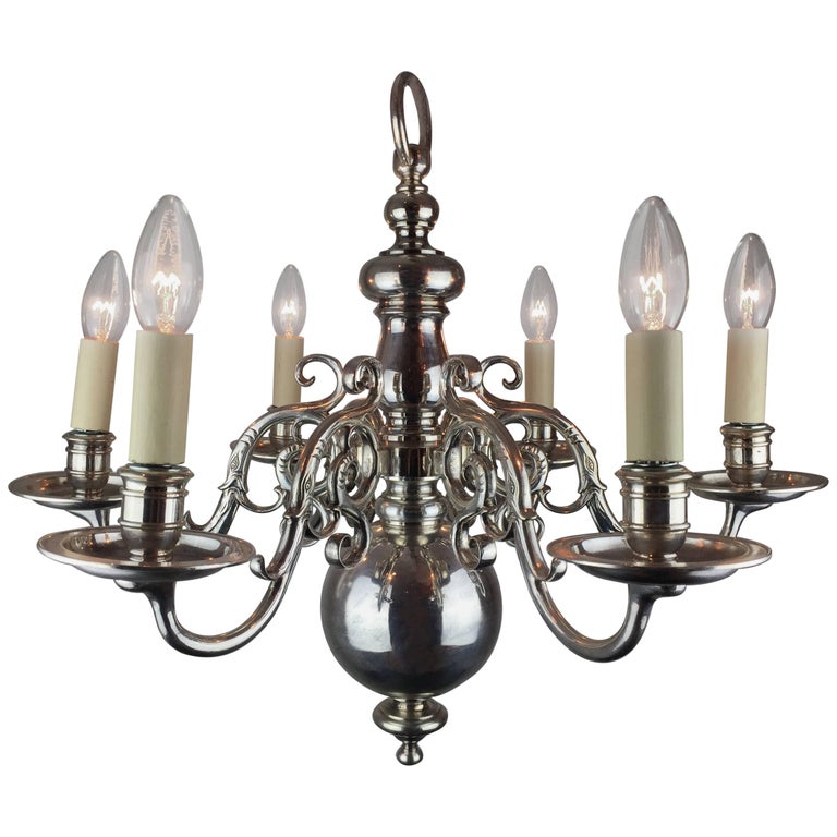 Silvered Six-Arm Dutch Style Chandelier For Sale at 1stDibs