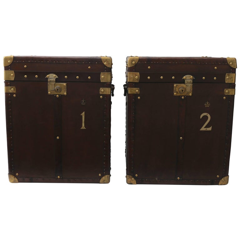 Pair of English Trunks in Leather with Brass Mounts at 1stDibs