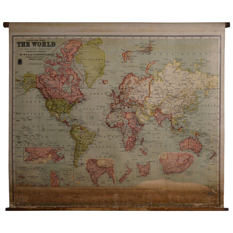 Map of the World, 1905, on Retractable Wooden Roller at 1stDibs