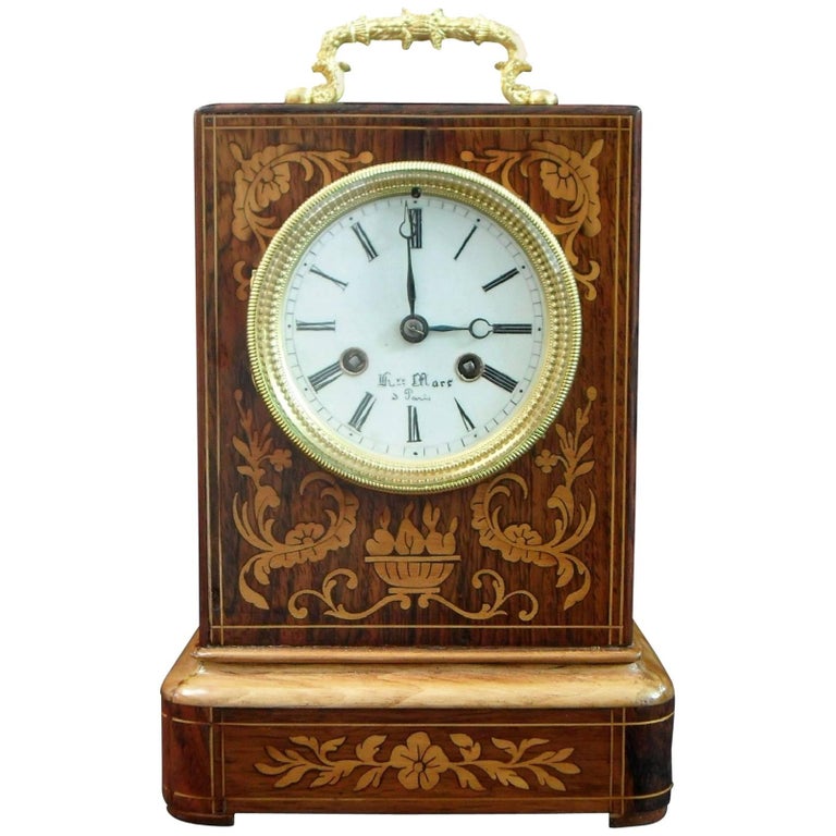 French 19th Century Rosewood Inlaid Mantel Campaign Clock at 1stDibs