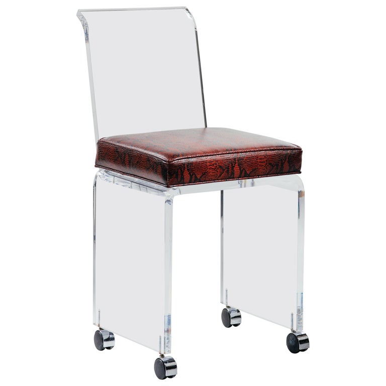 Mid-Century Modern Lucite Vanity Stool in Red Leather Snakeskin at 1stDibs