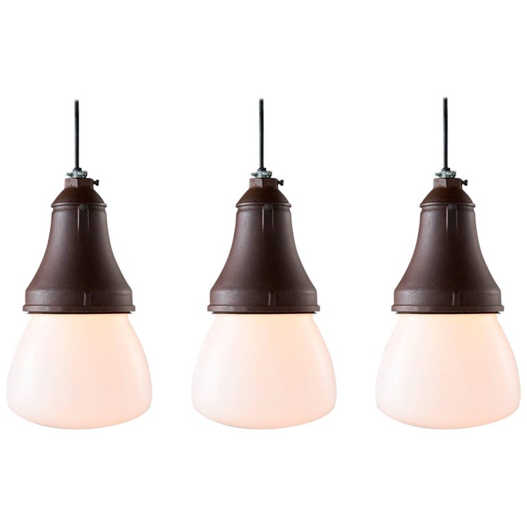 Oxidized Iron and Opaline Glass Explosion Proof Pendant, America, circa ...