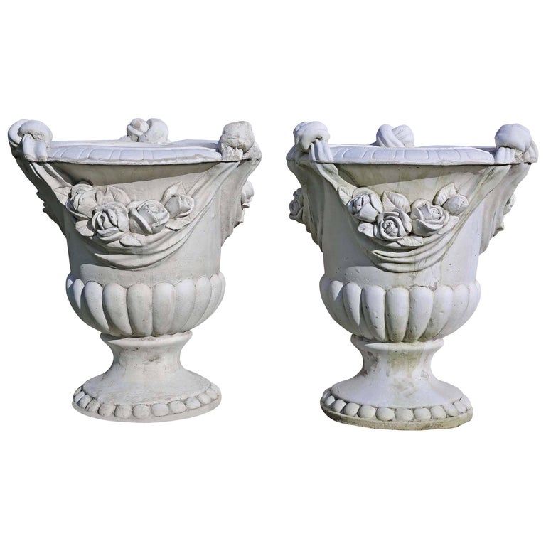 Large Pair of Antique Style Cast Stone Marble Planters Plant Pots Urns ...
