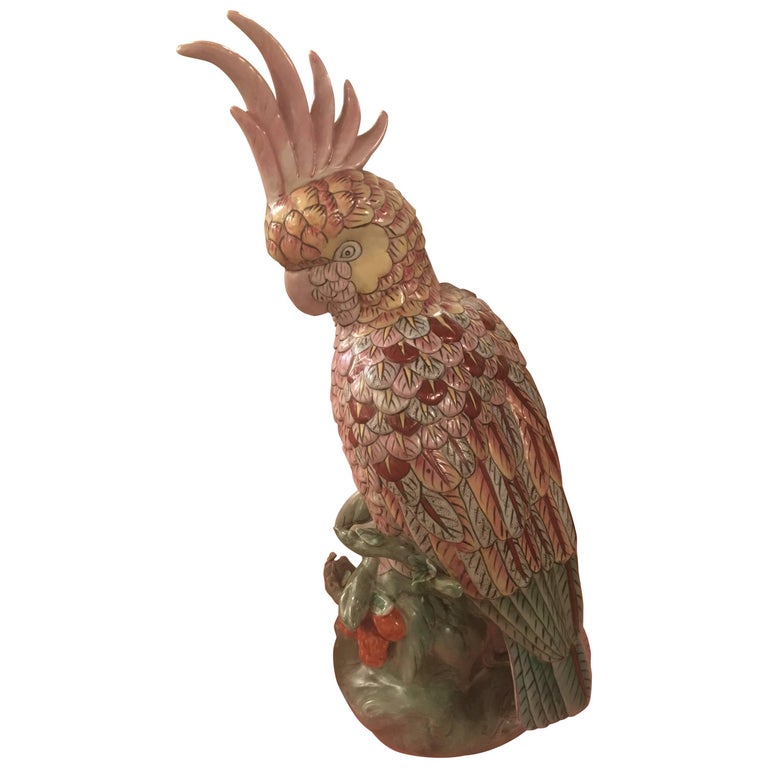 Tropical Palm Beach Pink Porcelain Parrot Bird Statue at 1stDibs