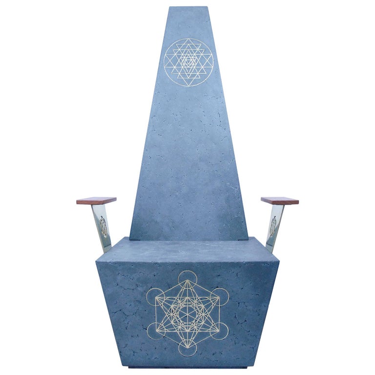 Concrete Throne Chair with Geometric Brass Inlays and Mahogany Armrests ...