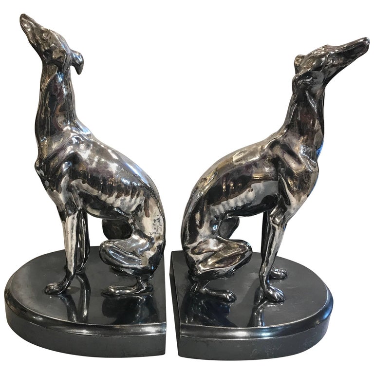 Pair of Silver Plater Greyhound Bookend Sculptures at 1stDibs