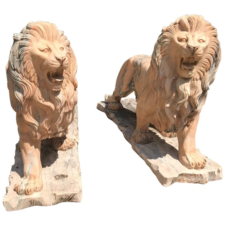 Pair of Classical Hand-Carved Solid Marble Lions, Life-Size at 1stDibs
