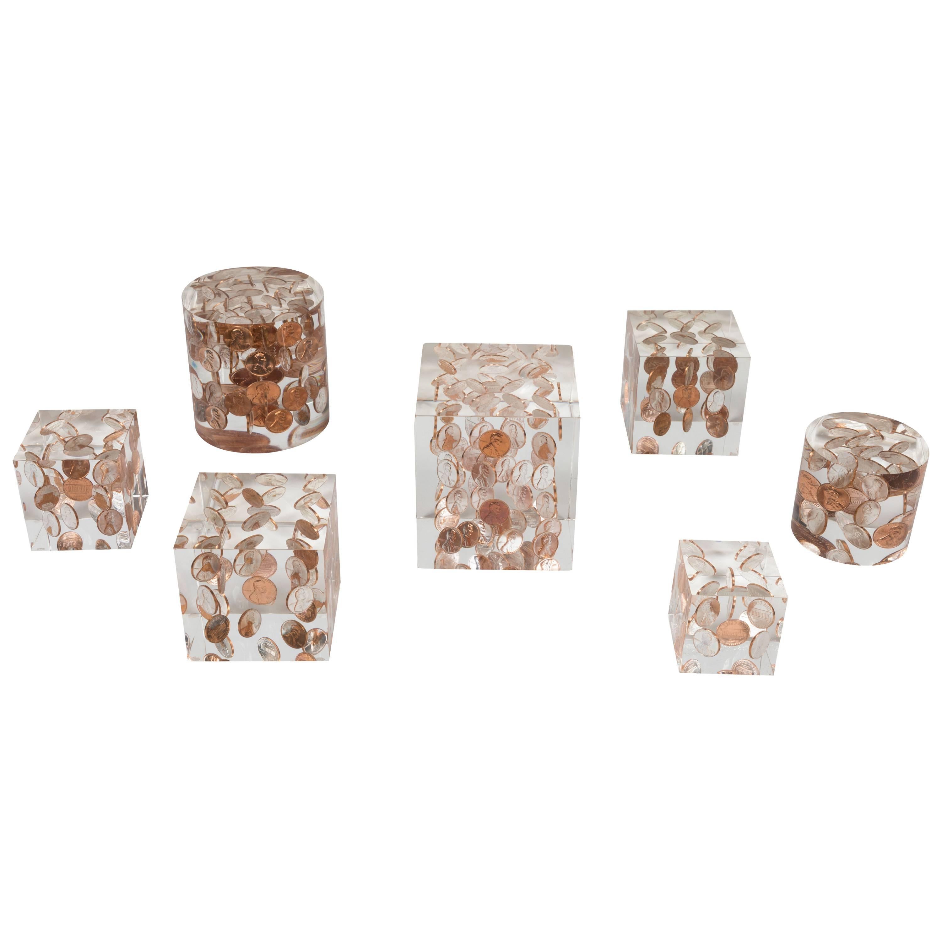 Set of Seven Vintage Geometric Lucite Paperweights with US Pennies at ...