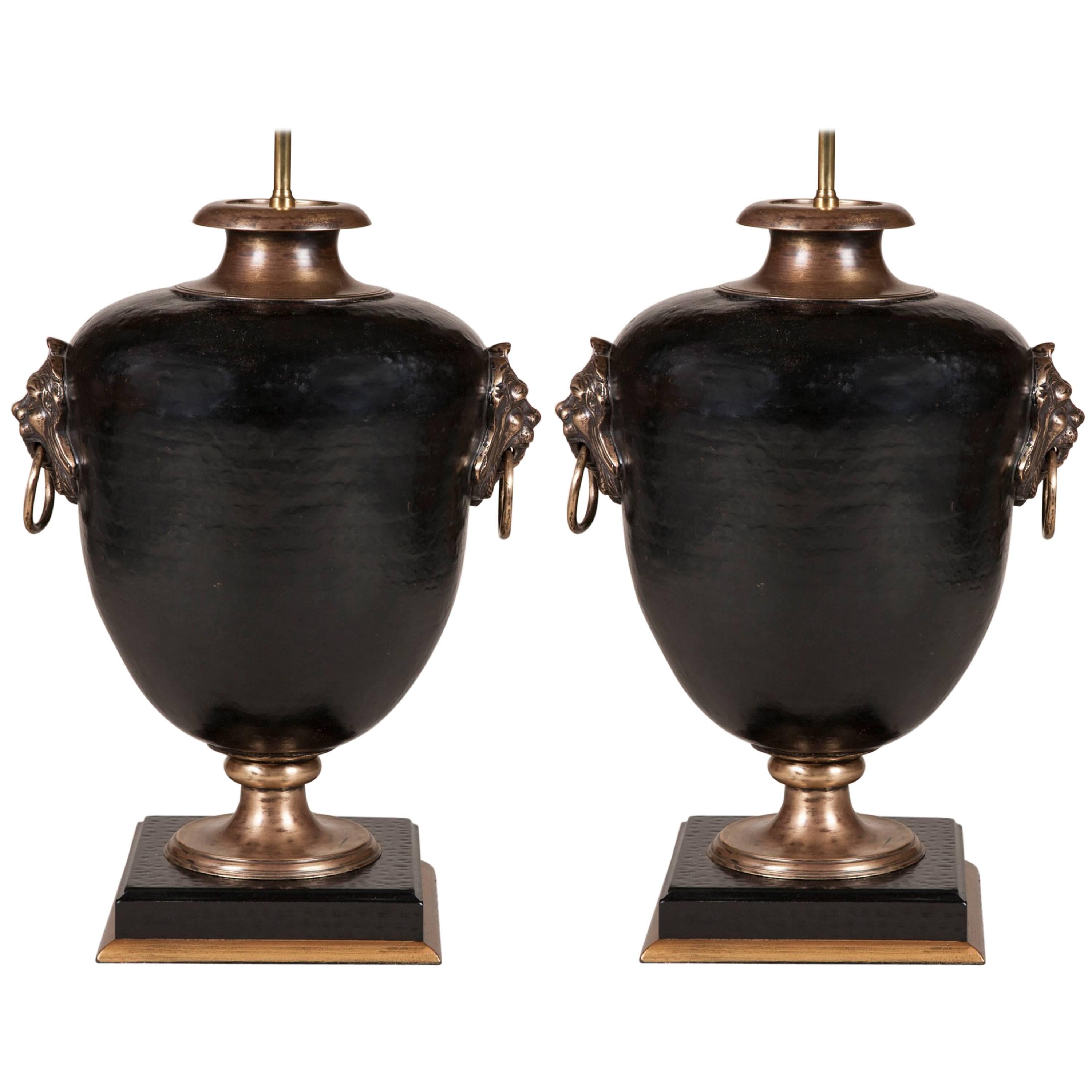 Pair of Decorative Urn Lamps with Lion Masked Handles For Sale at 1stDibs