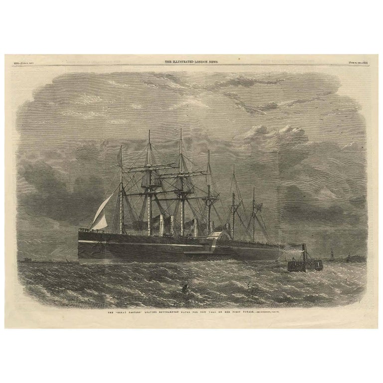 Antique Print of the 'Great Eastern' Leaving Southampton Water for New ...