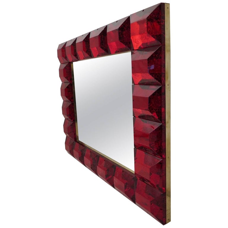 Murano Red Art Glass Italian Modern Wall Mirror at 1stDibs