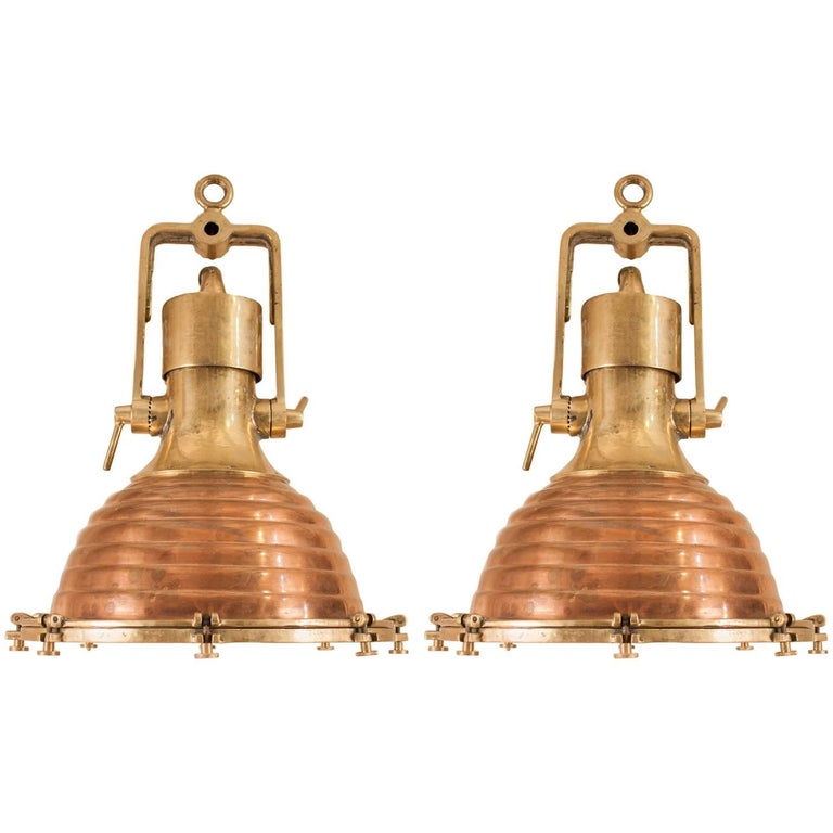 Pair of Large Copper and Brass Nautical Ship Deck Lights at 1stDibs