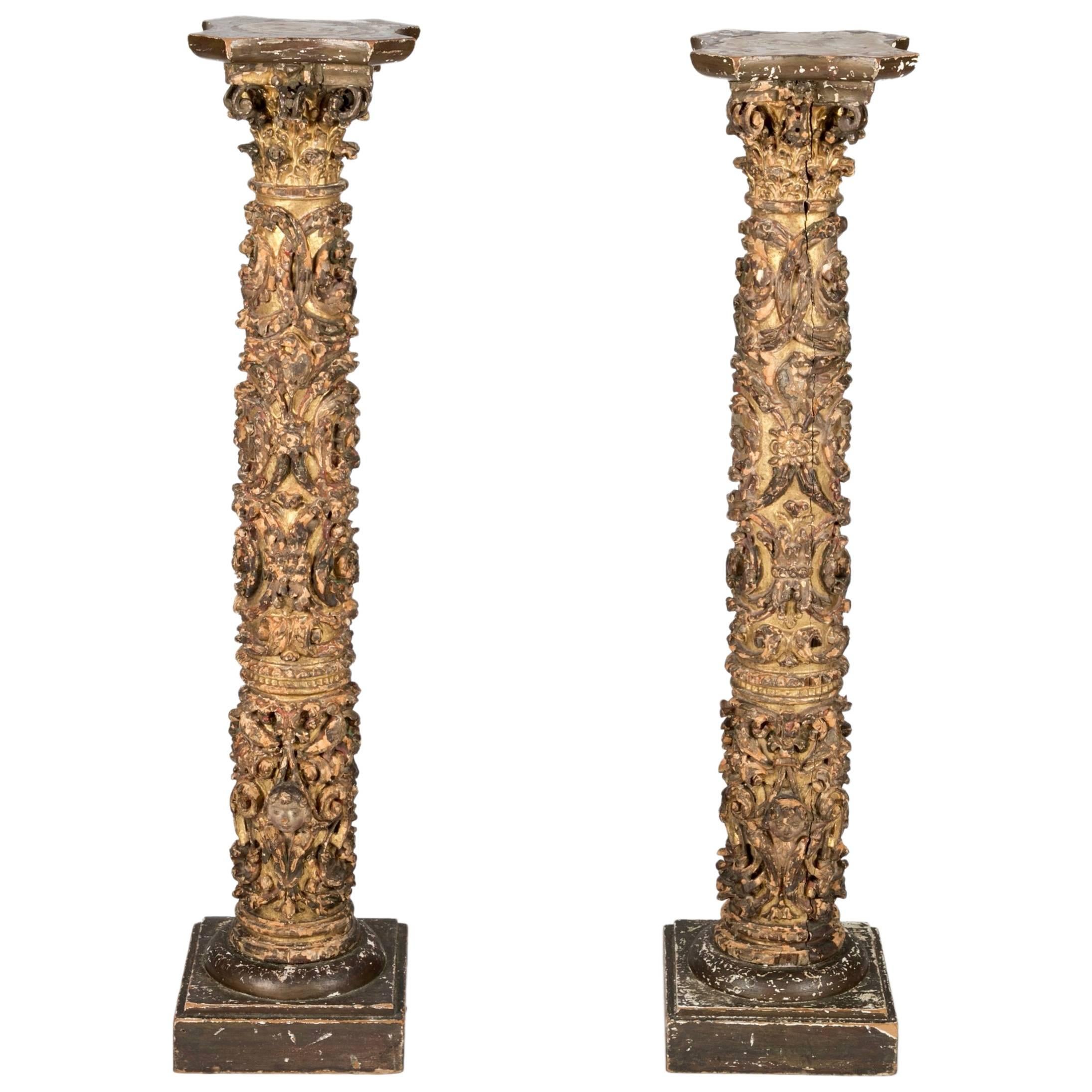 Pair of 17th Century Spanish Giltwood Column Pedestals at 1stDibs
