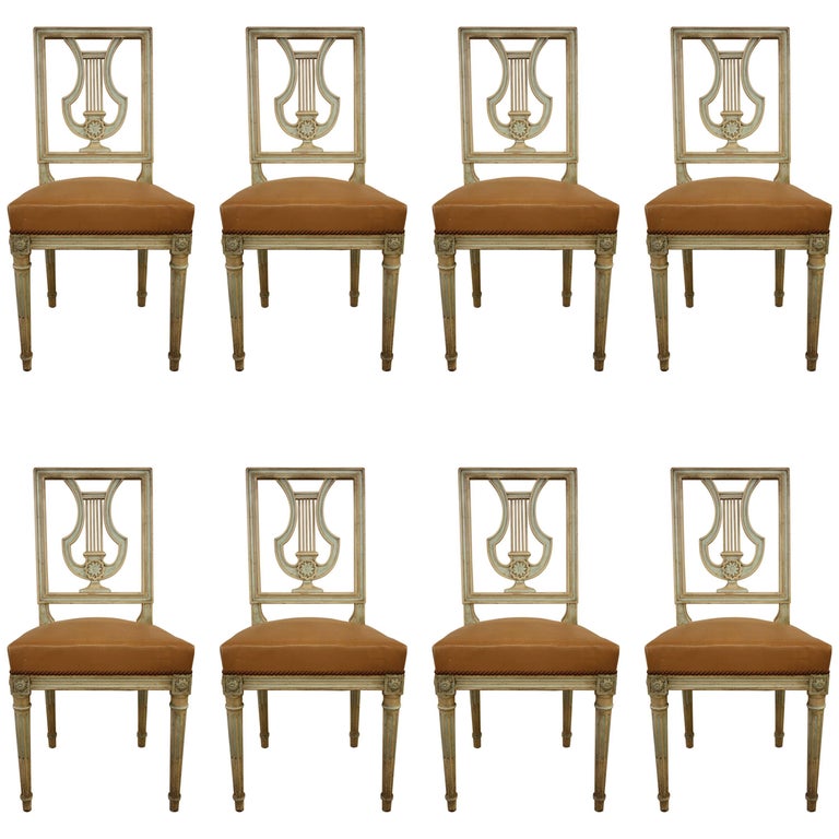 Set of Eight Swedish Painted Lyre Back Chairs with Leather Seats at 1stDibs