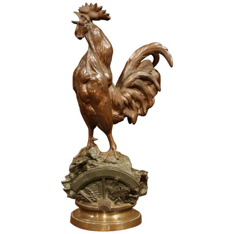 19th Century, French Patinated Bronze Rooster Sculpture Signed P ...