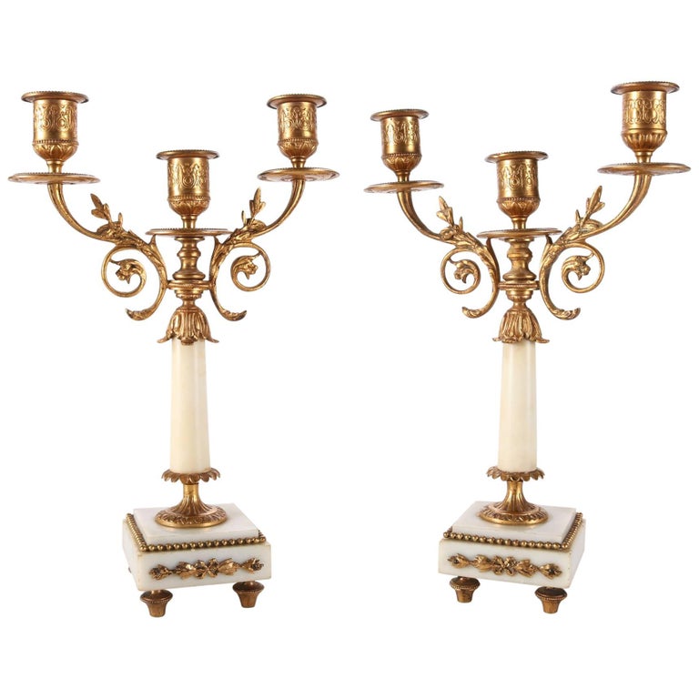 Pair of Antique French Classical Gilt Bronze and Marble Three-Light ...