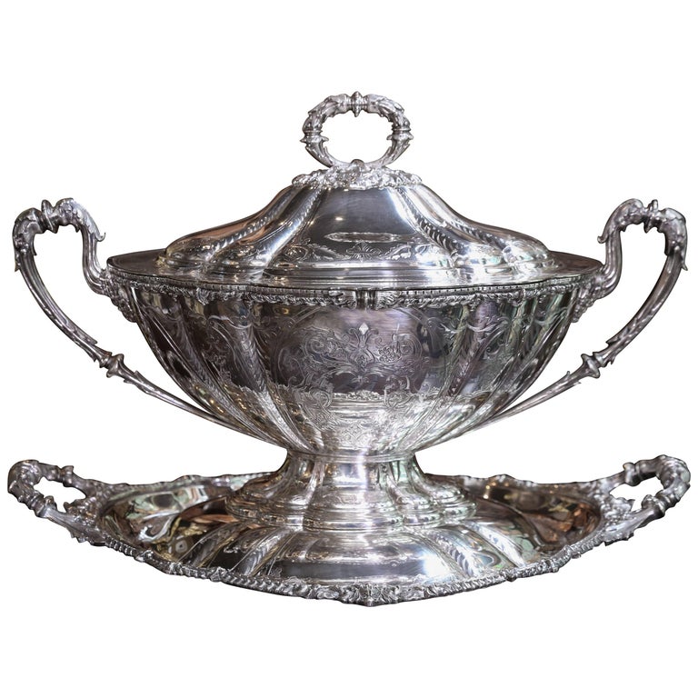 Very Fine English Sheffield Silver Plated Covered Oval Bowl on Tray For ...