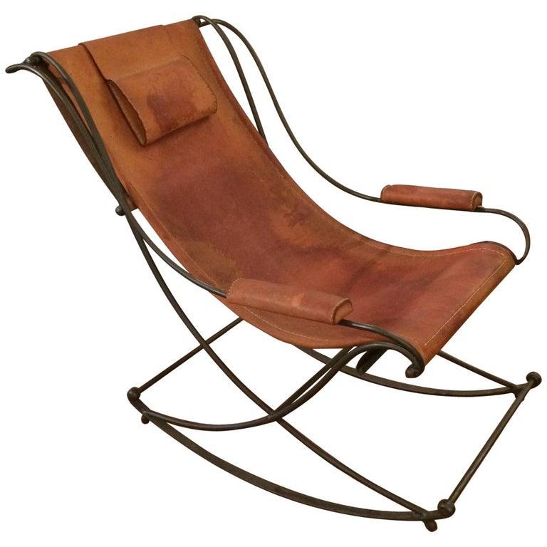 Super Cool Sling Back Distressed Leather and Iron Rocking Chair at 1stDibs