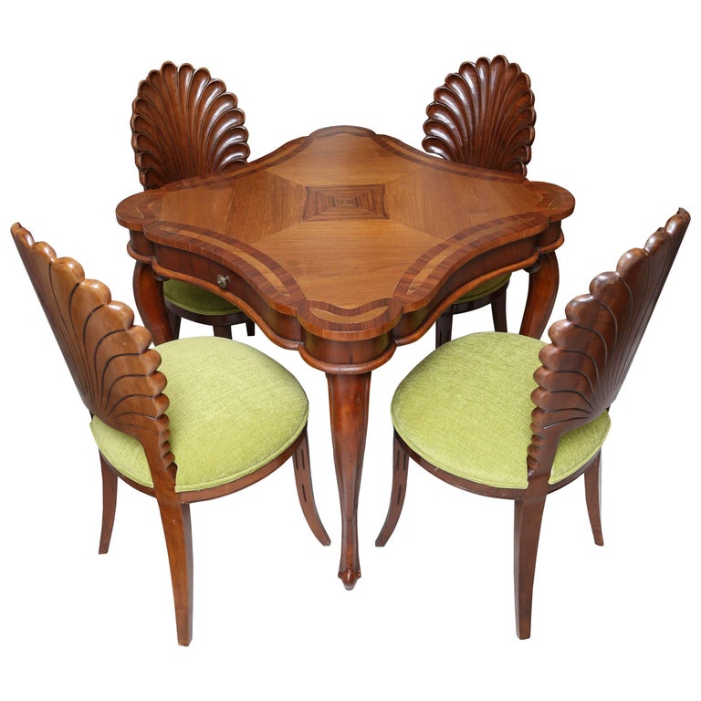 Italian Inlaid Game Table and Four Shell Back Chairs at 1stDibs