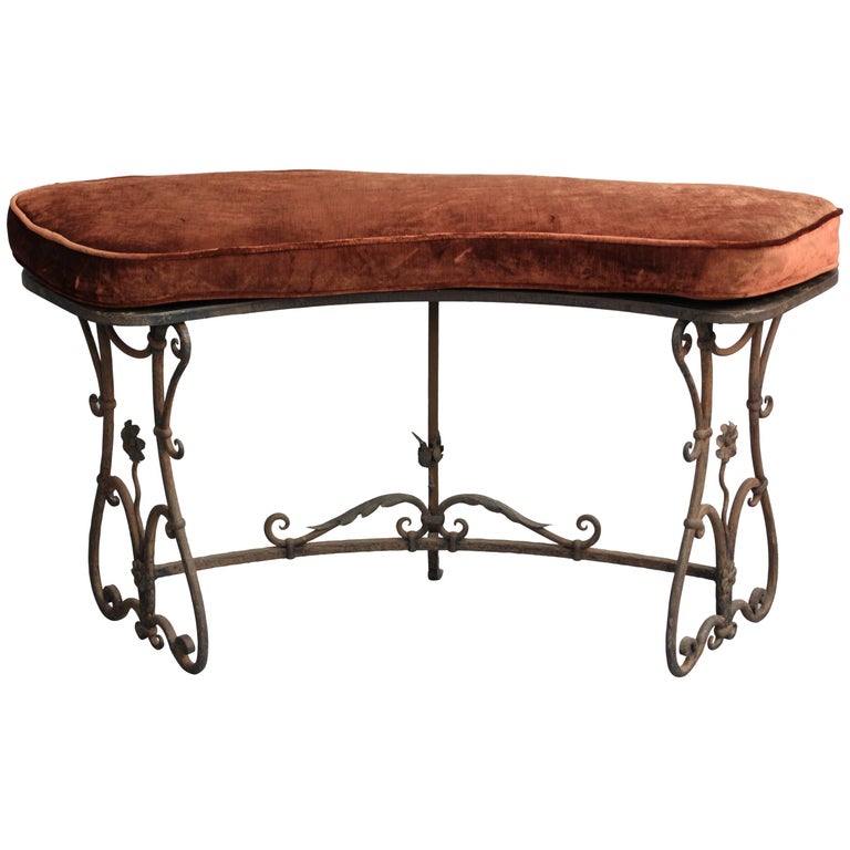 Antique 1920s Curved Iron Bench with Velvet Seat at 1stDibs