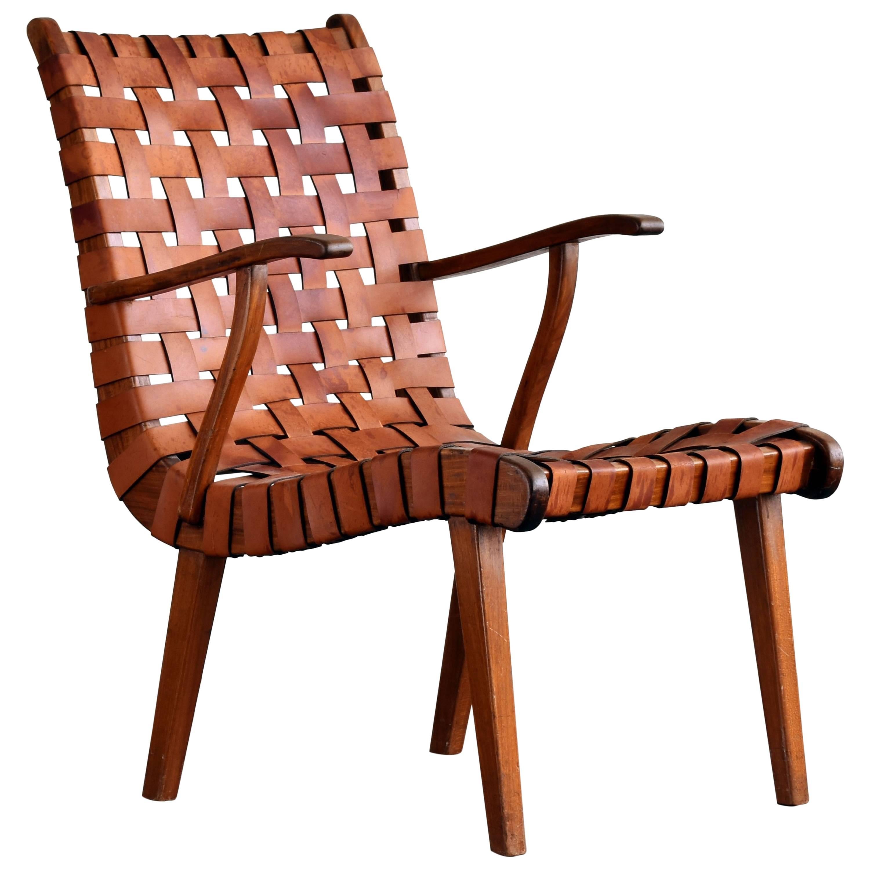 Brazilian Lounge Chair, Original Leather Webbing, Teak, 1950s at 1stDibs