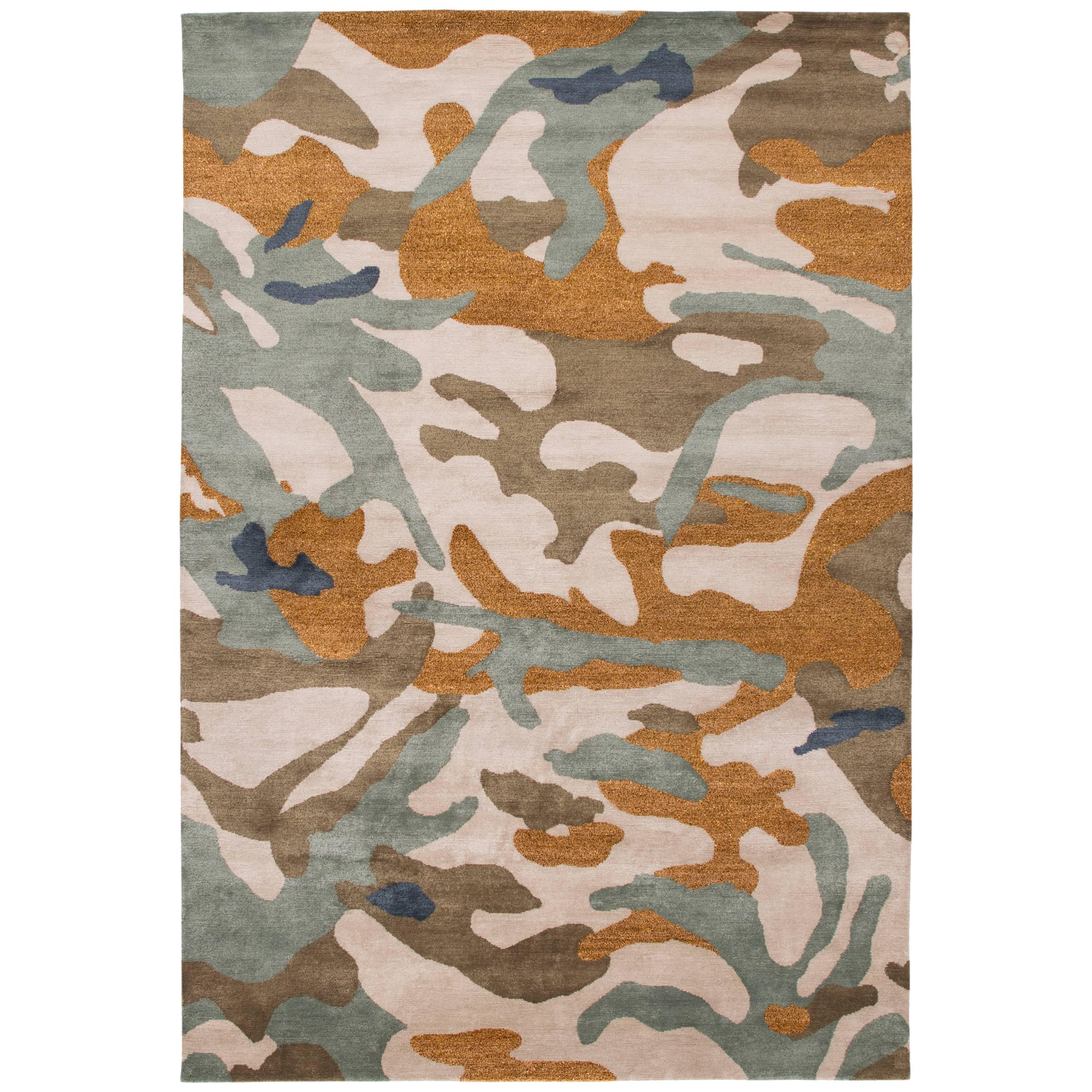 Camouflage Rug Wool with Gold Metallic Thread For Sale at 1stDibs