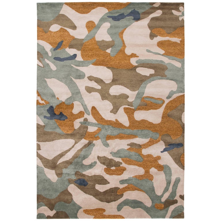 Camouflage Rug Wool with Gold Metallic Thread For Sale at 1stDibs