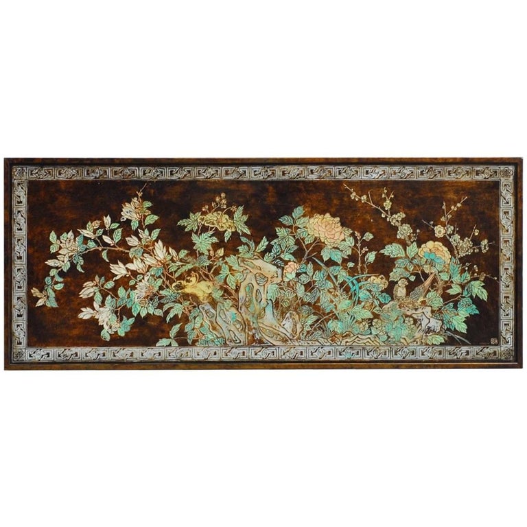 Chinese Floral and Foliate Painted Relief Panel For Sale at 1stDibs