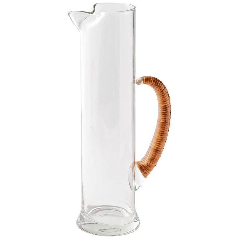 Tall and Slender Glass Pitcher with Cane Wrapped Handle For Sale at 1stDibs