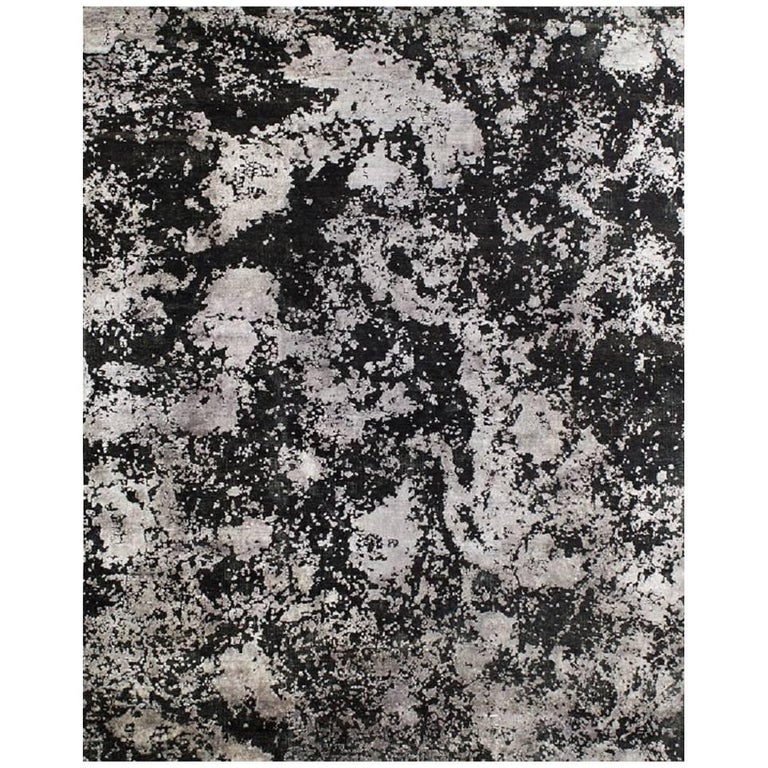 Black Silver Organic Abstract Hand-knotted Wool and Silk Sustainable ...