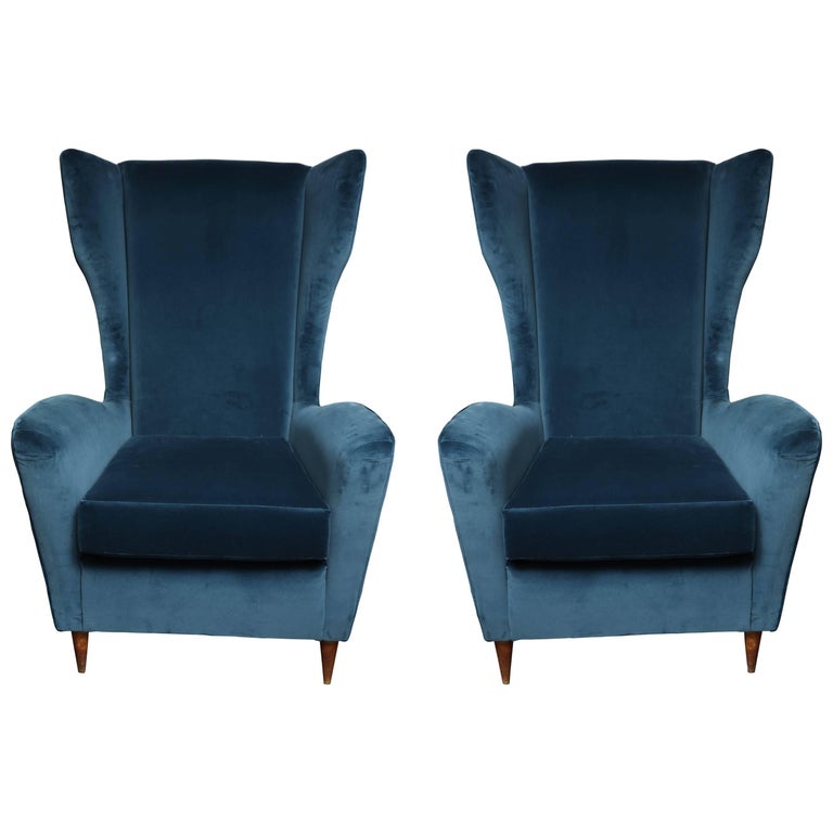 Vintage Italian Modern Wingback Chairs in Blue Velvet at 1stDibs