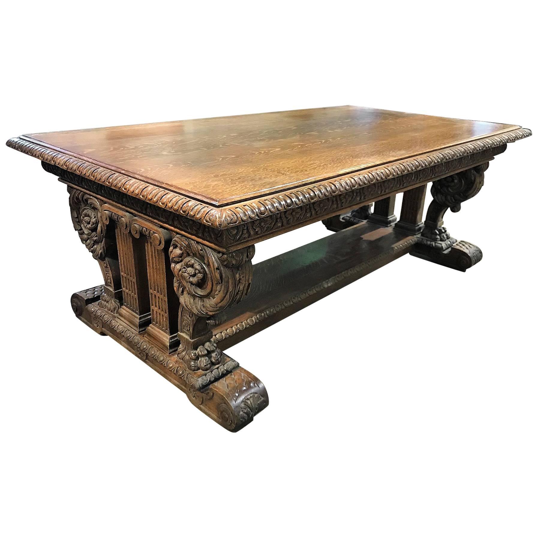 Antique American Carved Oak Library or Trestle Table, circa 1900 For ...