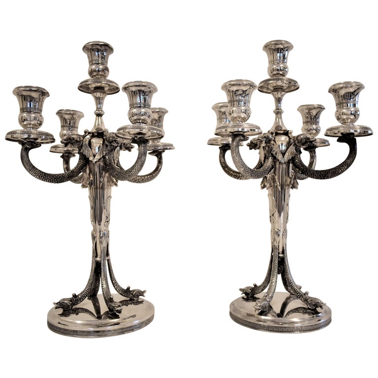 20th Century Silver Five Branch Candlesticks Engraved with Fish Details ...