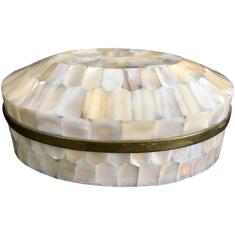 Oval Mother-of-Pearl Box with Brass Lined Interior at 1stDibs