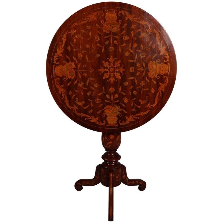 Antique Mahogany and Satinwood Floral Marquetry Inlaid Tilt-Top Table ...