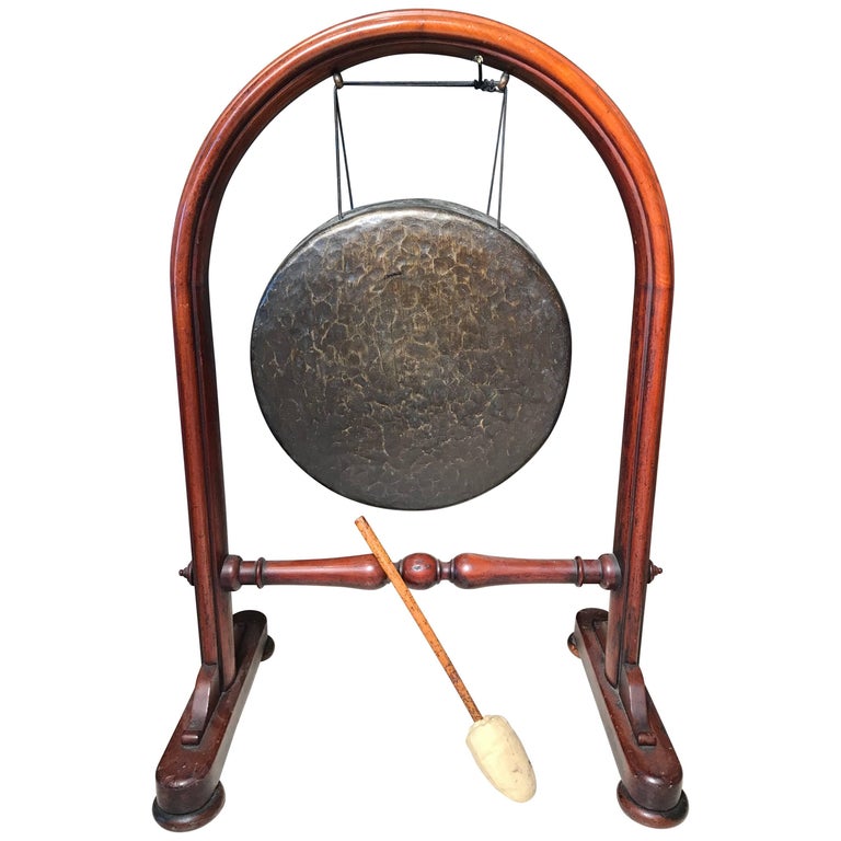 Tibetan Big Antique Hand-Hammered Bronze Gong on Stand-Soothing Deep ...